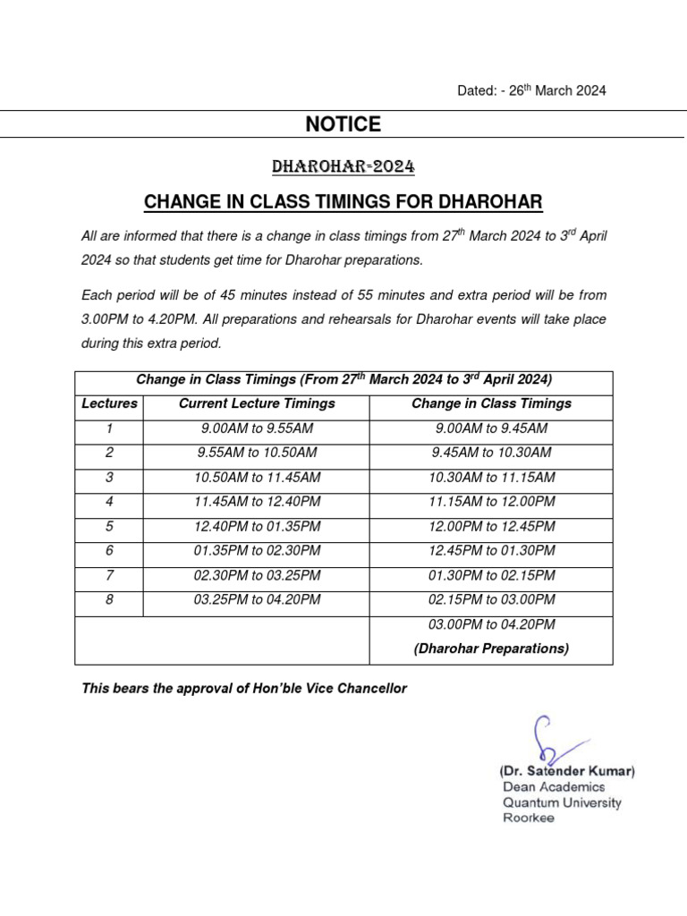 Notice of Change in Class Timings For Dharohar 2024 | PDF