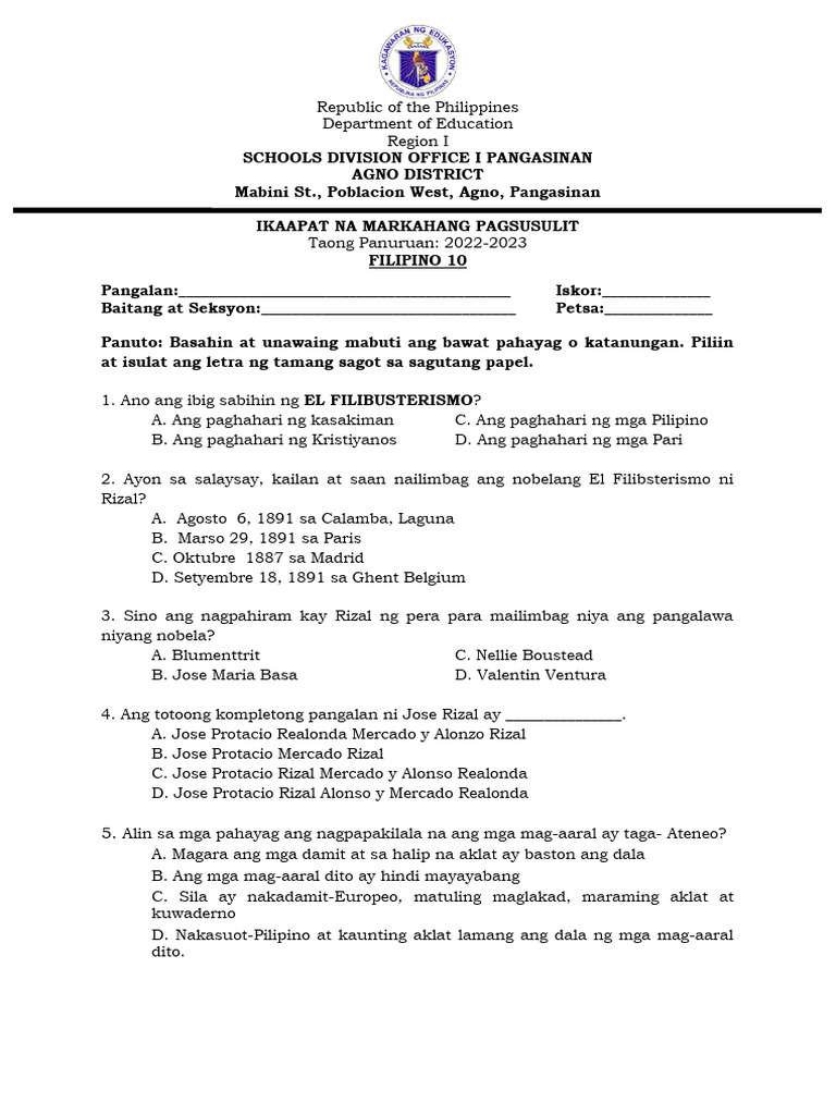 Fil 10 q4 Exam To Print | PDF