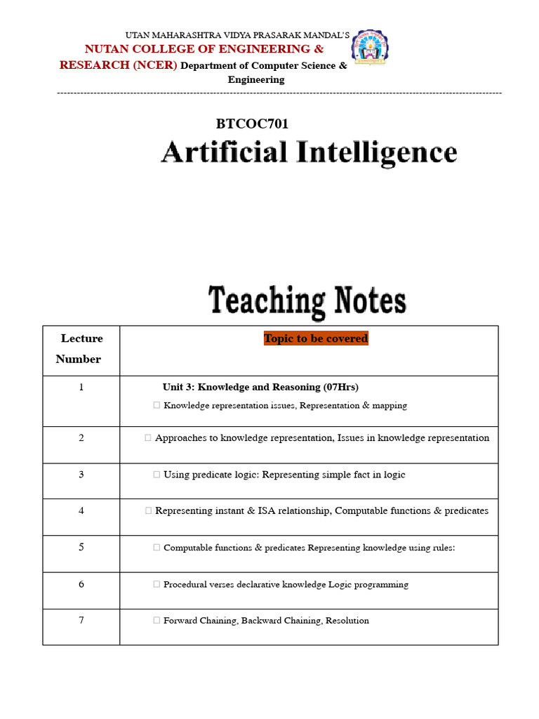 AI Unit 3 Knowledge and Reasoning | PDF | First Order Logic | Knowledge Representation And Reasoning