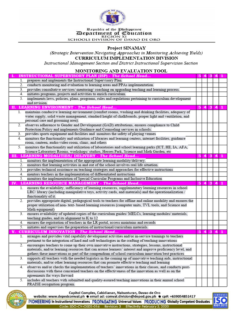 SINAMAY Monitoring & Evaluation Tool | PDF | Educational Assessment | Teachers