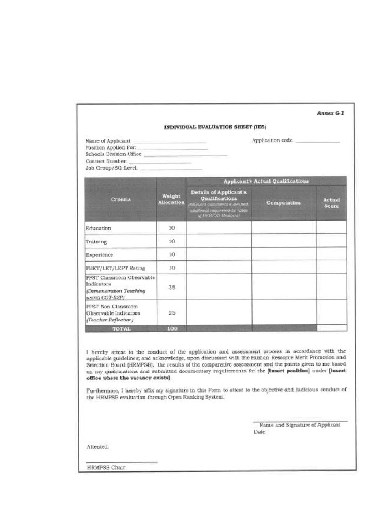 INDIVIDUAL EVALUATION SHEET | PDF