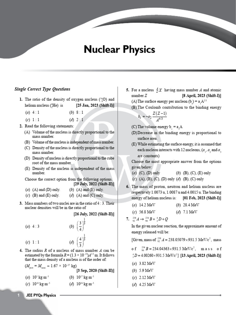 Nuclear Physics _ PYQ Practice Sheet | PDF | Atomic Nucleus | Nuclear Reaction