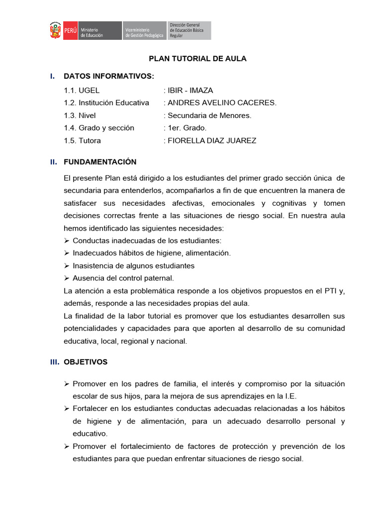 PLAN TUTORIAL DE AULA - 1ro. WAWICO - 104505 | PDF | Sicología ...