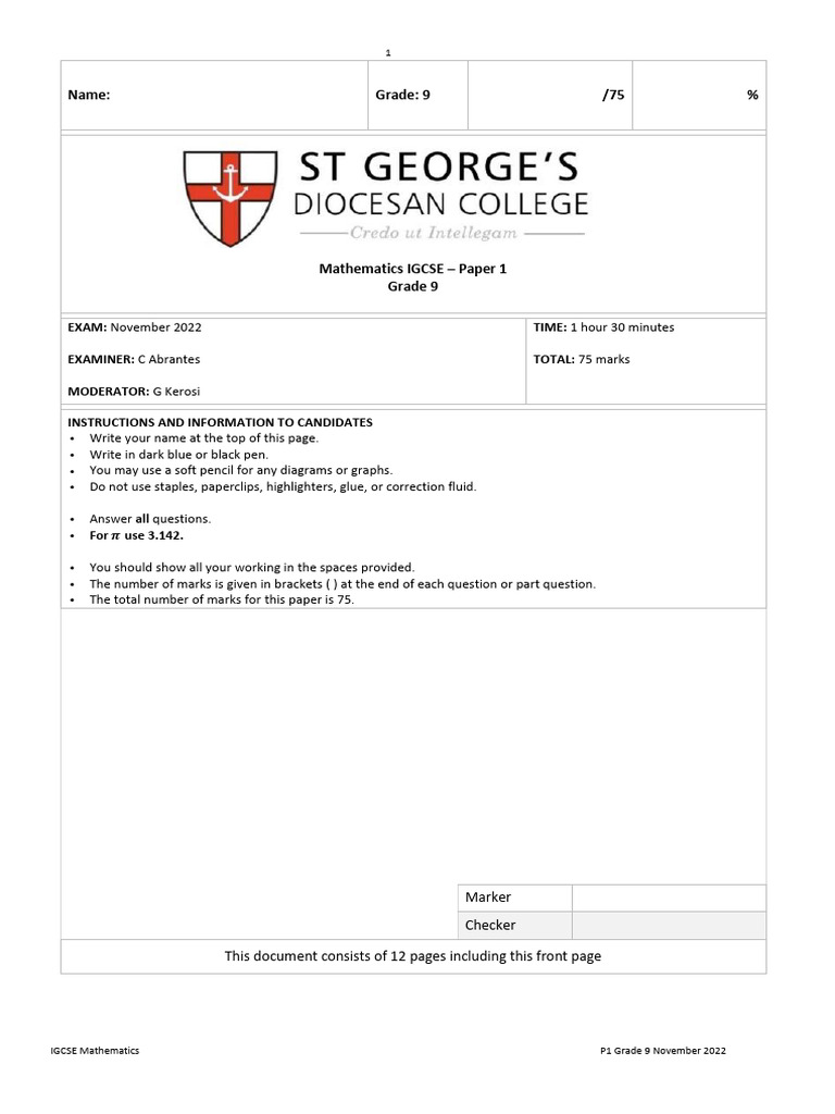 IGCSE Mathematics Paper 1 Nov 2022 | PDF | Integer | Mathematics