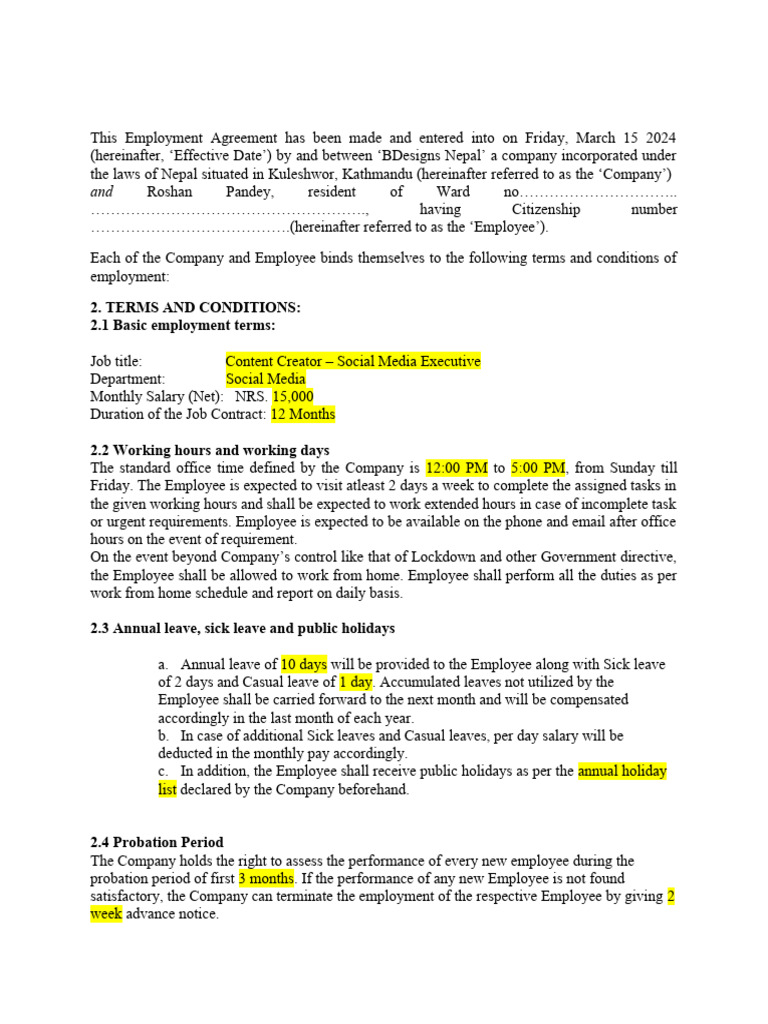 Employment Agreement | PDF | Employment | Sick Leave