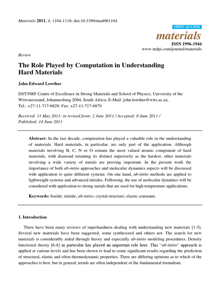 The Role Played by Computation in Understanding Superhard Materials | PDF | Chemistry | Physical ...