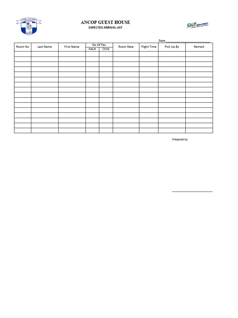 Guest Arrival List Template | PDF