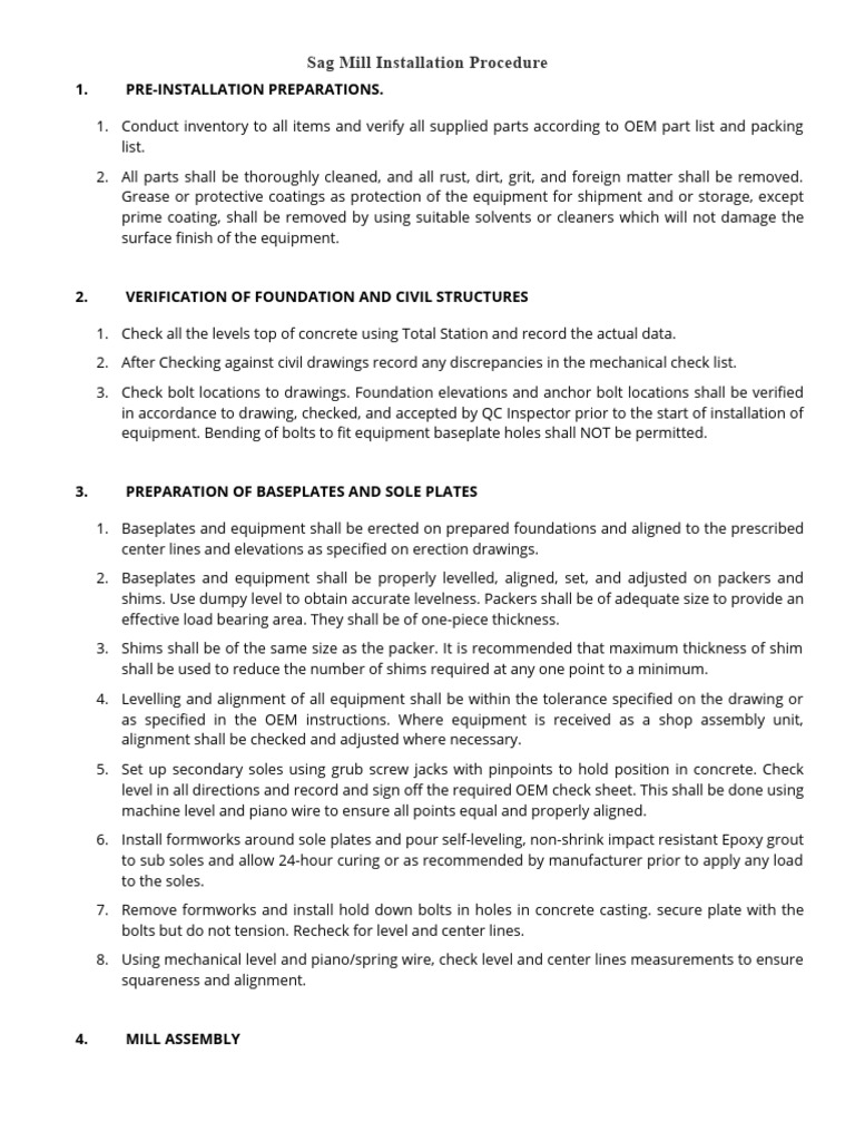 Sag Mill Installation Procedure | PDF | Bearing (Mechanical) | Gear