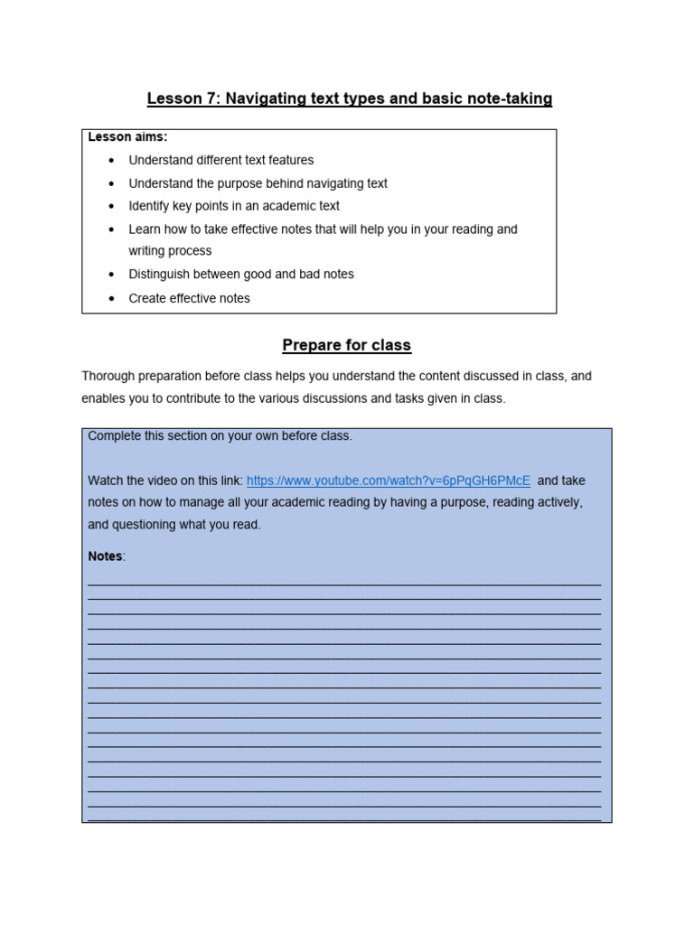 Lesson 7- Navigating Text Types and Basic Note-taking | PDF | Reading ...