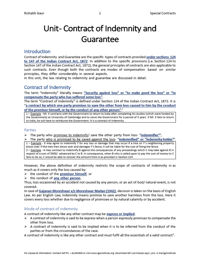 Indemnity and Guarantee | PDF | Guarantee | Indemnity