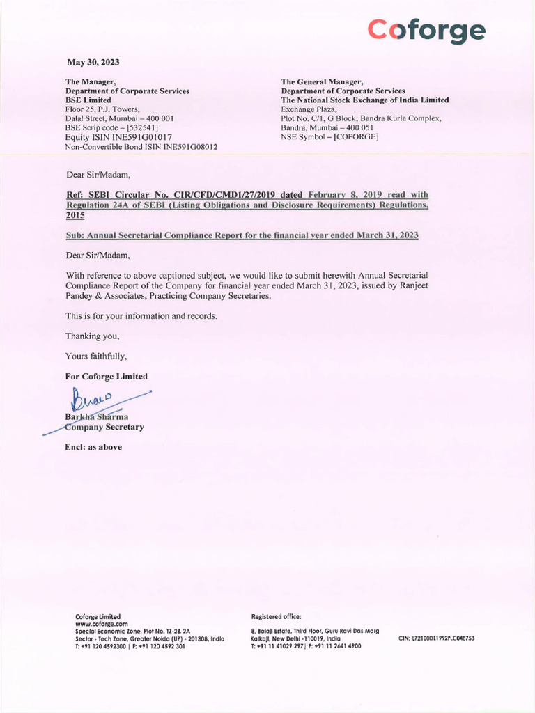 Coforge Limited Annual Compliance Report 2023 | PDF | Audit | Regulatory Compliance