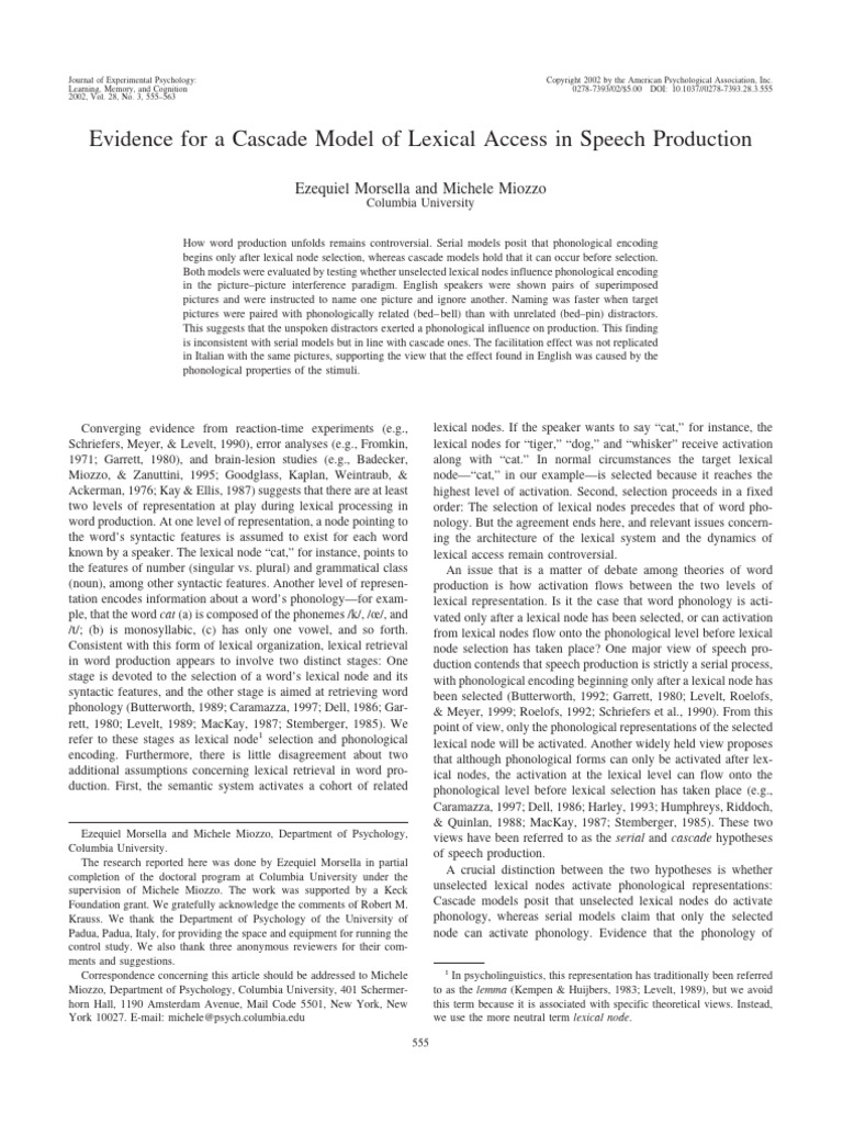 Evidence For A Cascade Model Of Lexical Access In Speech Production
