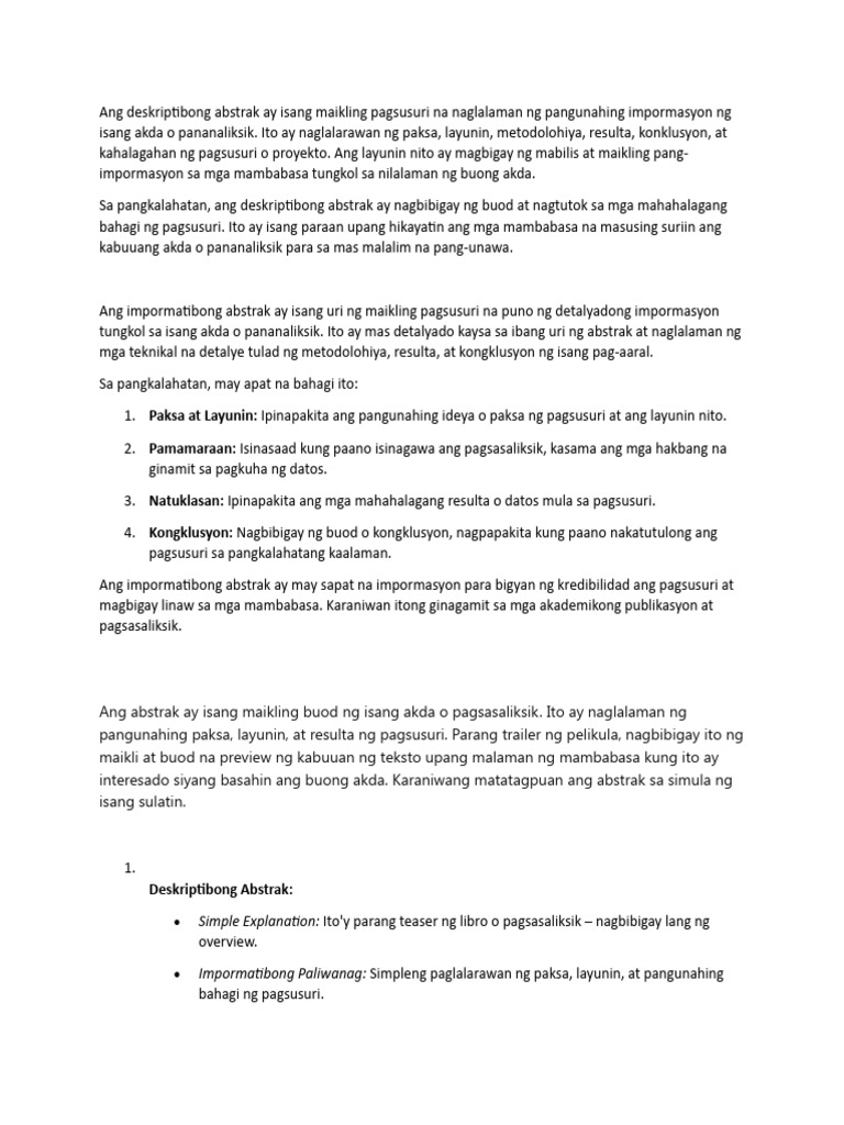 Ang Deskriptibong Abstrak Ay Isang Maikling Pagsusuri Na Naglalaman NG ...