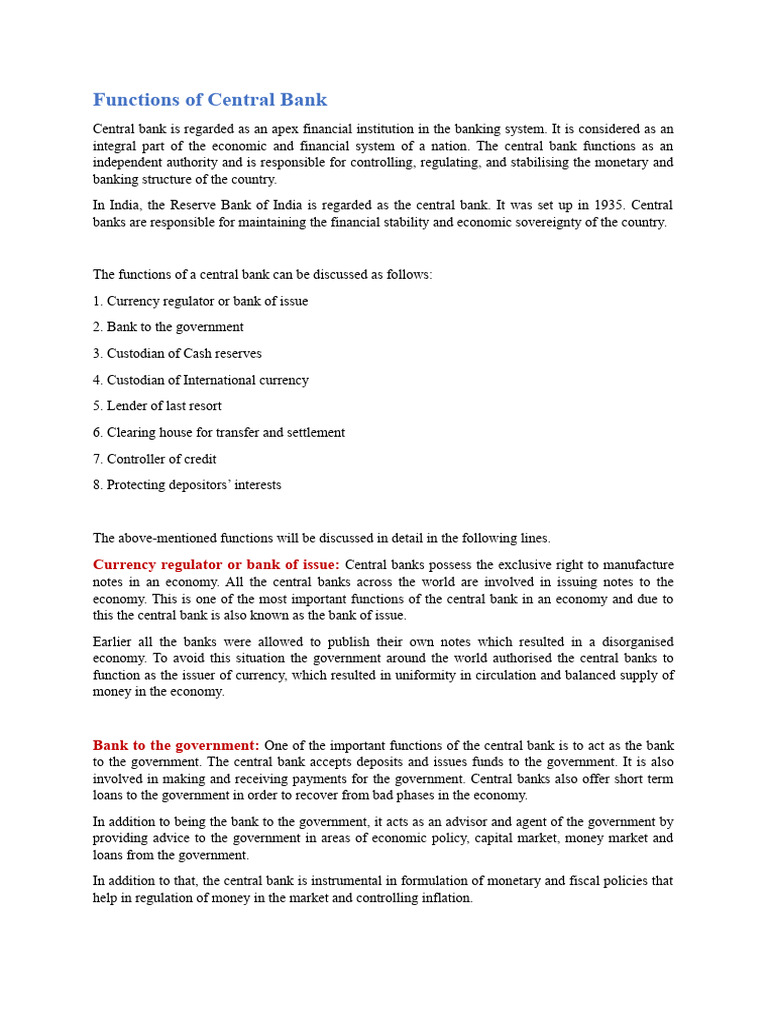 Central Bank Functions and Credit Control | PDF | Central Banks ...