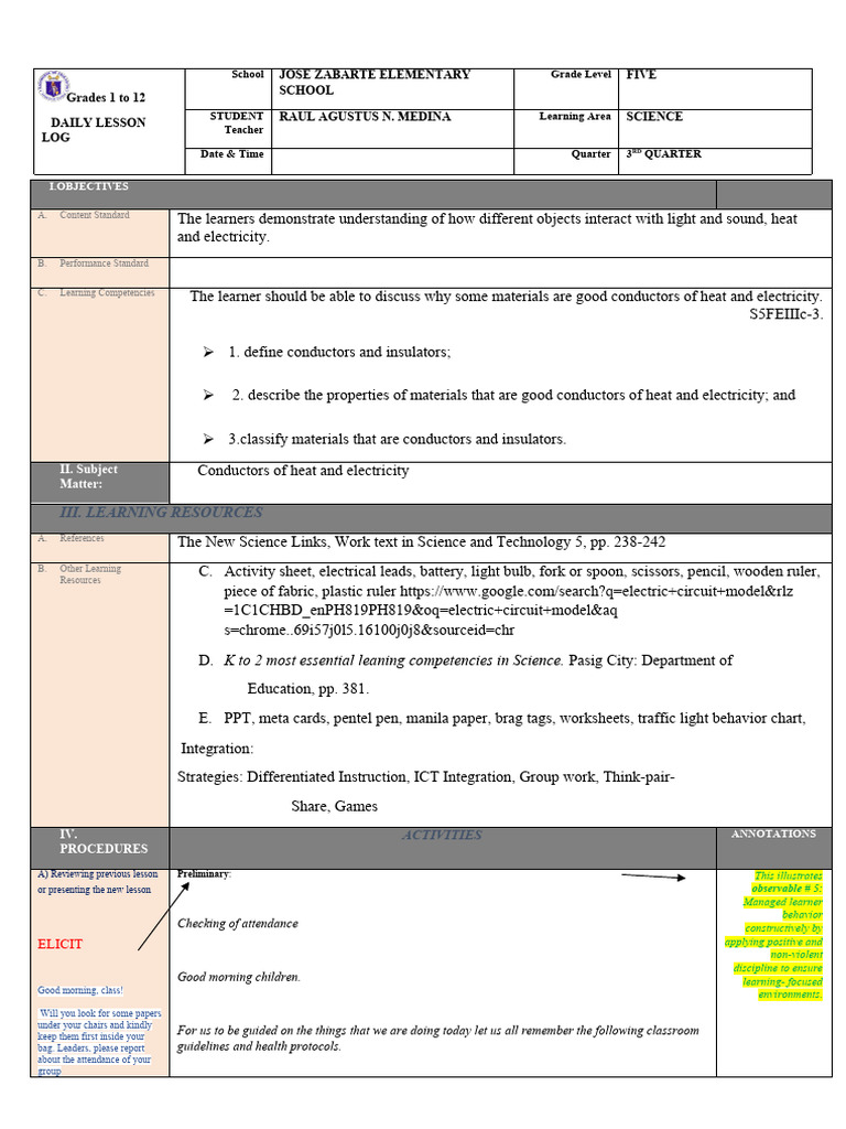 Q3 COT Science 5 Conductors | PDF | Electrical Conductor | Electrical Resistivity And Conductivity