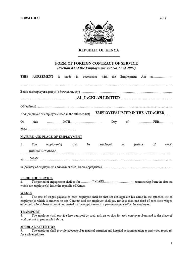 Form of Foreign Contract of Service LD 21 | PDF | Employment | Labor