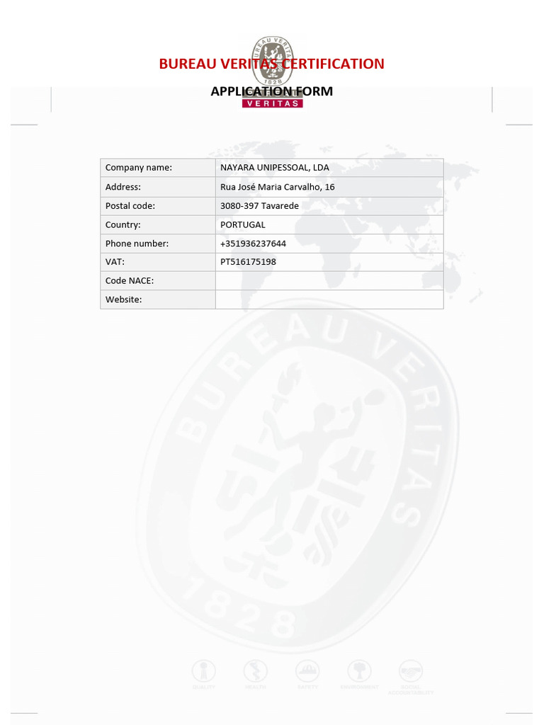 Bureau Veritas Certification Application Form | PDF | Iso 9000 | Invoice