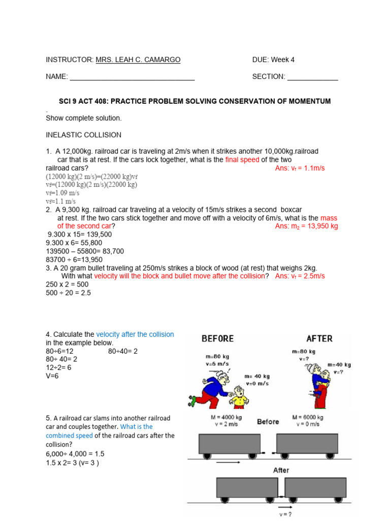 Sci 9 Act 408 Practice Problem Solving Conservation of Momentum ...