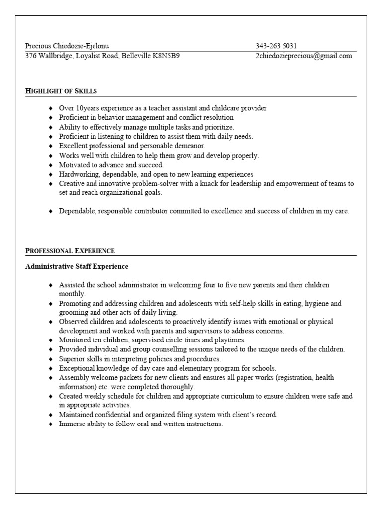 Child Care Resume 1 | Download Free PDF | Child Care | Teachers