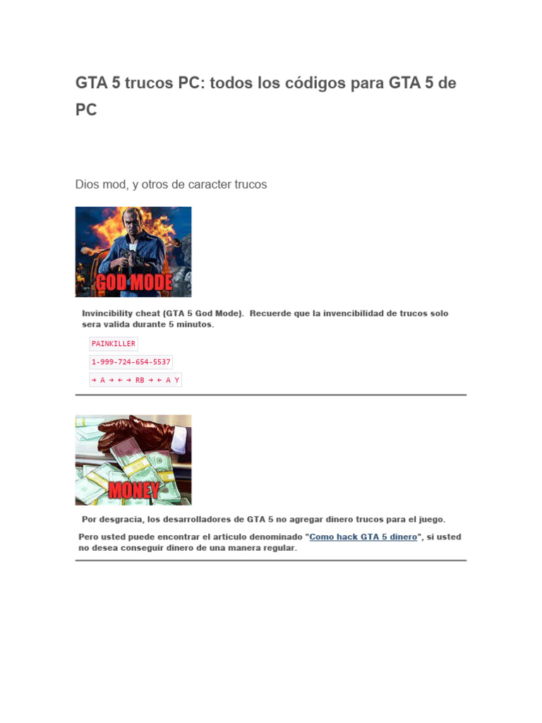 GTA 5 Trucos PC Todos Los Códigos para GTA 5 de PC | PDF | Videojuego ...