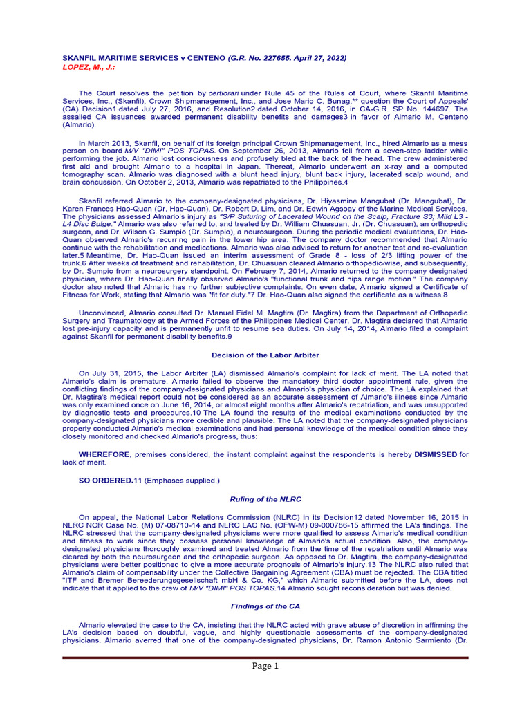 Skanfil Maritime Services v. Centeno | PDF | Damages | Employment