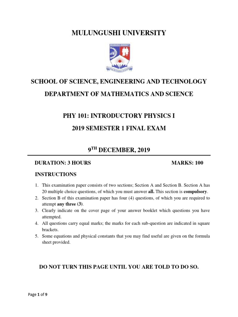 Phy 101 Final Exam (2019) | PDF | Force | Friction