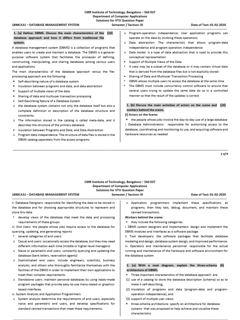 Vtu Exam Question Paper With Solution Of 18mca31 Database Management