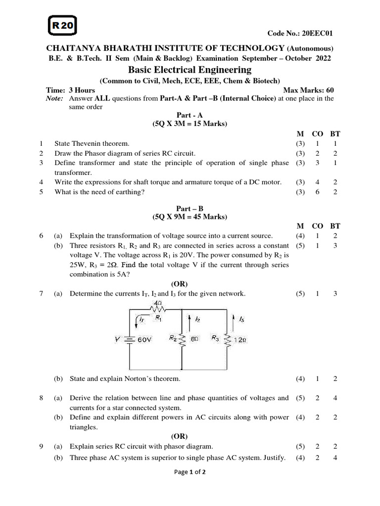 Basic Electrical Engineering 20EEC01 | PDF | Transformer | Electric Motor