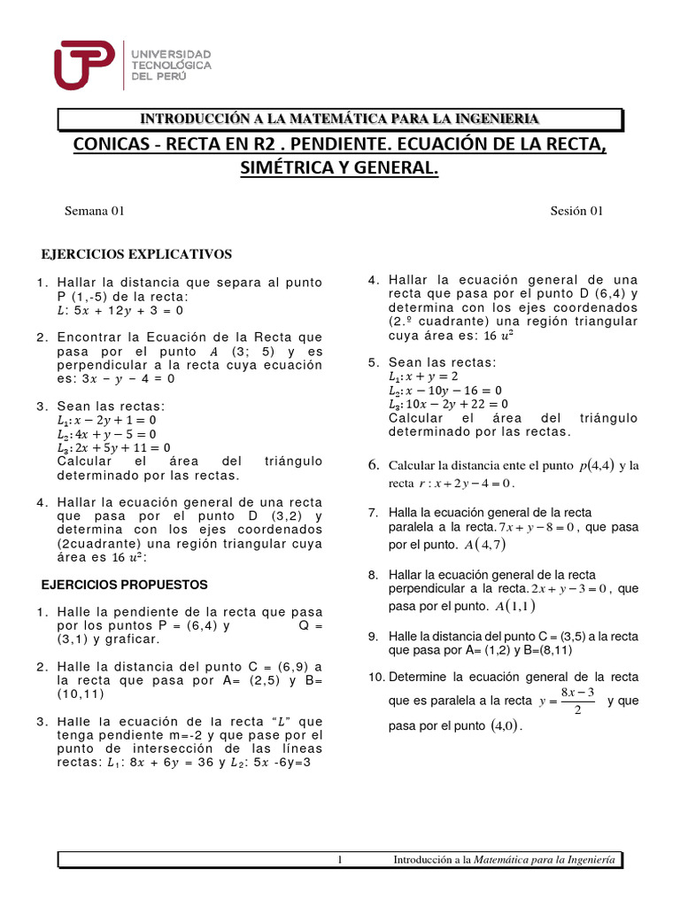 Sem 1 Ses 1.1 Ejer Conicas - Rectas | PDF | Línea (geometría) | Conceptos matemáticos
