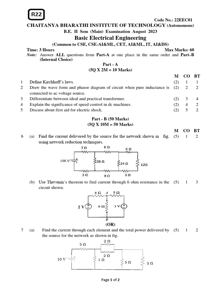 Basic Electrical Engineering 22EEC01 | PDF | Electrical Network | Direct Current