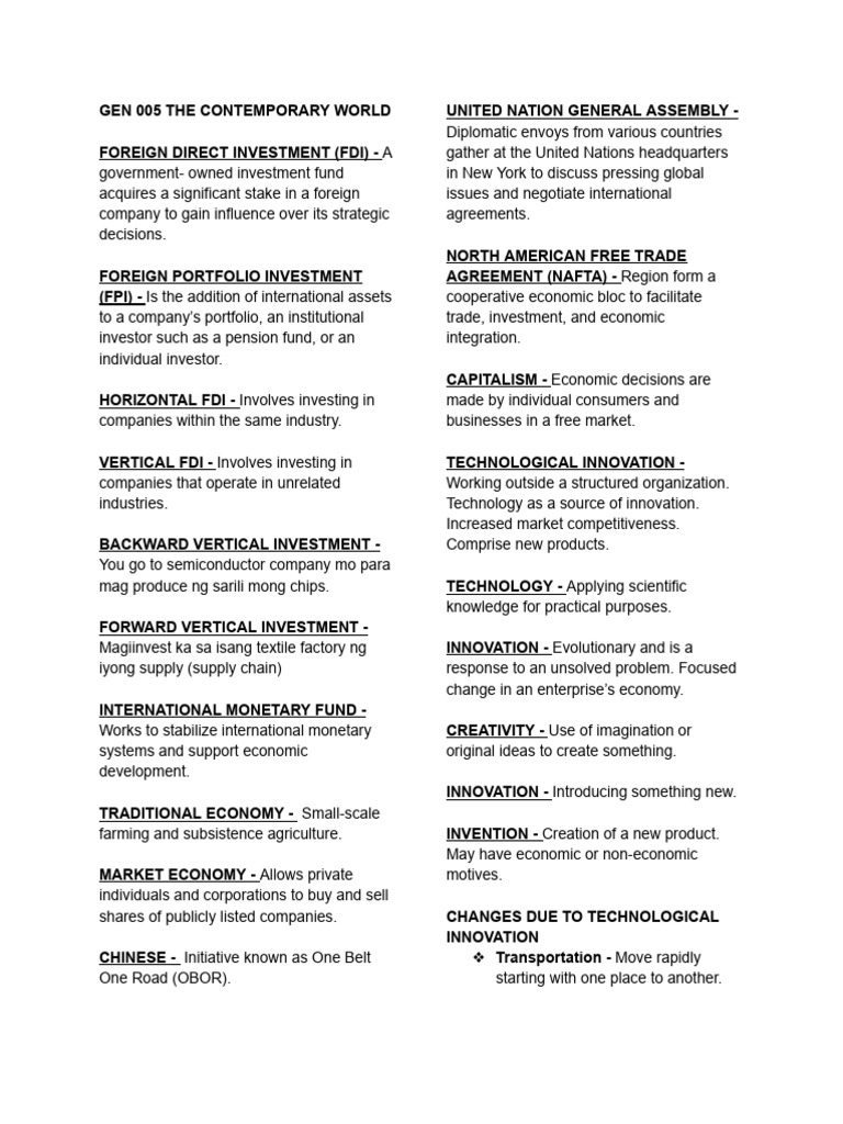 Gen 005 The Contemporary World | PDF | Innovation | Foreign Direct Investment