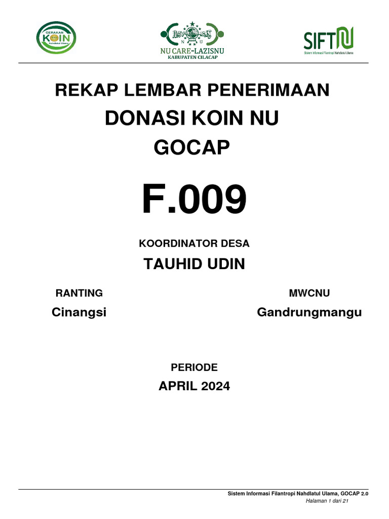Rekap Lembar Penerimaan Donasi Koin (F.009) | PDF