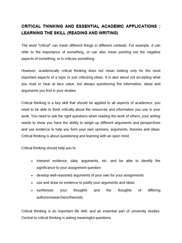 B-2.critical Thinking and Essential Academic Applications - Learning The Skill (Reading and ...