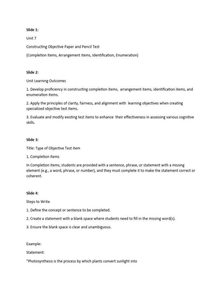 Unit 7-Constructing Objective Paper and Pencil Test Outline | PDF ...