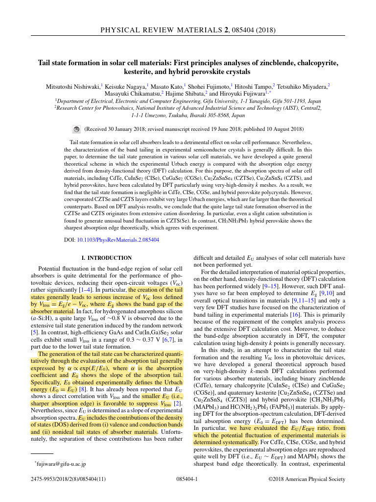 Tail State Formation in Solar Cell Materials First Principles Analyses ...