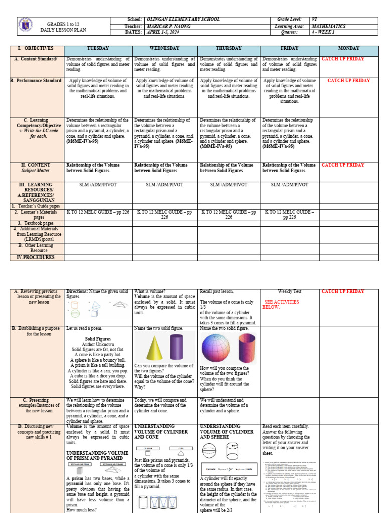 Math6 Week 1 - Q4 | PDF | Volume | Sphere