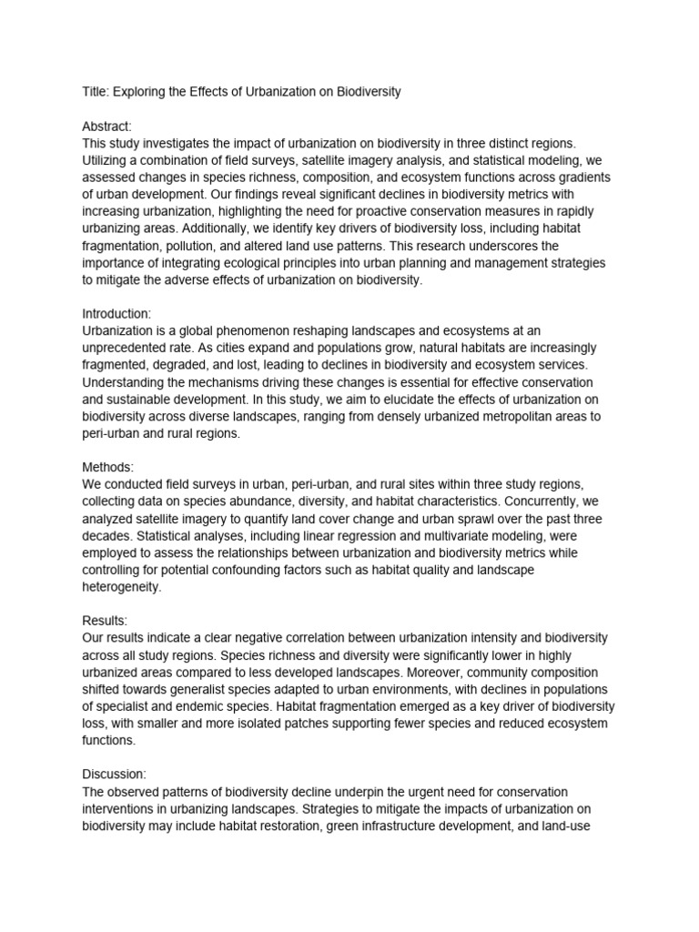 Title Exploring The Effects Of Urbanization On Biodiversity Pdf