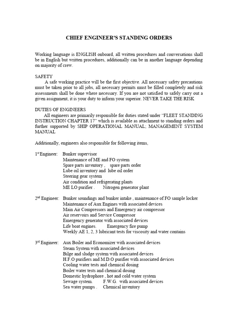 CHIEF ENGINEER Standing Orders | PDF | Mechanical Engineering