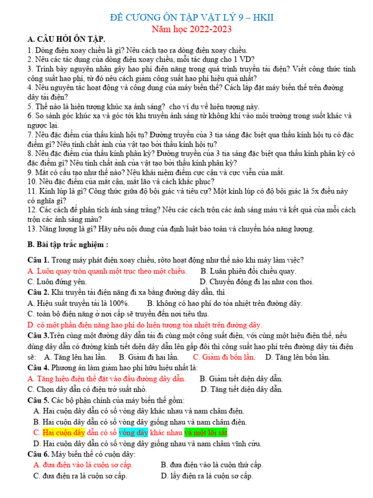 ĐỀ CƯƠNG ÔN TẬP HKII.LÝ 9.022.023 | PDF