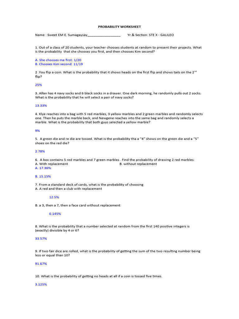 Probability Worksheet | PDF