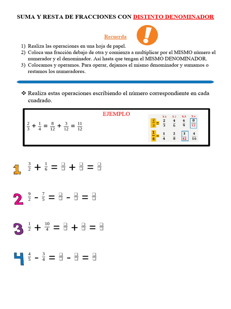 Hojas De Trabajo Para Sumar Y Restar Fracciones Con Denominadores ...