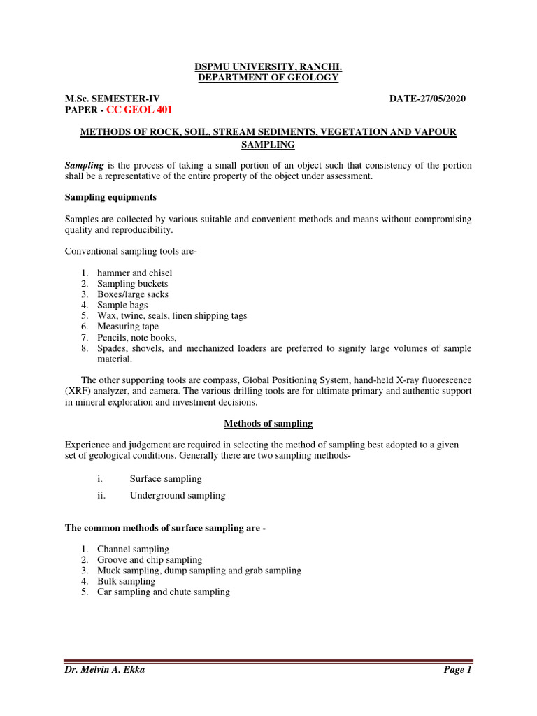 Sampling Methods - Rock, Soil, Sediment, Vegetation, Vapour | PDF ...