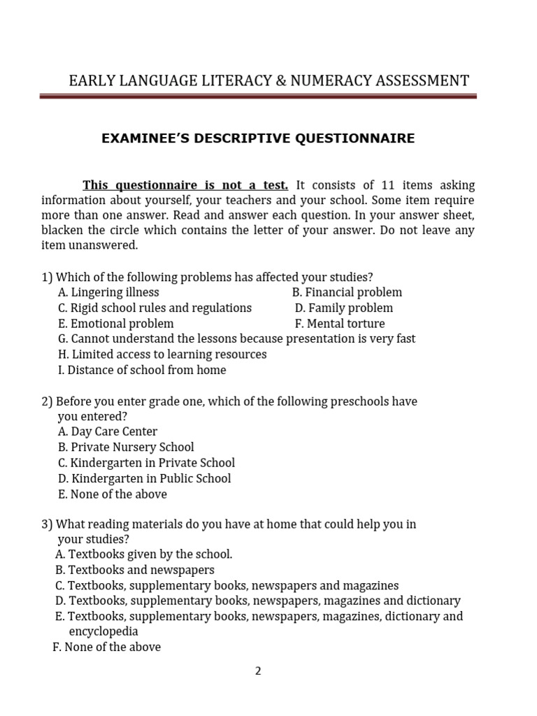 Grade 4 ELLNA Assessment Questionnaire | PDF | Schools | Kindergarten