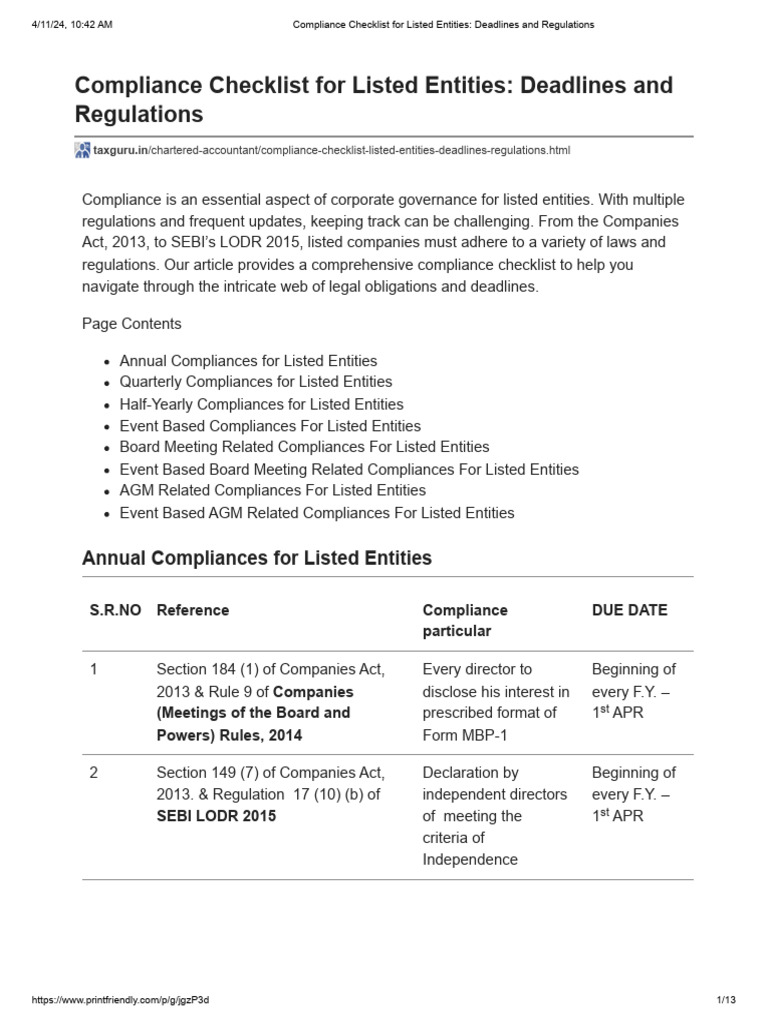 Compliance Checklist for Listed Entities | PDF | Audit | Business
