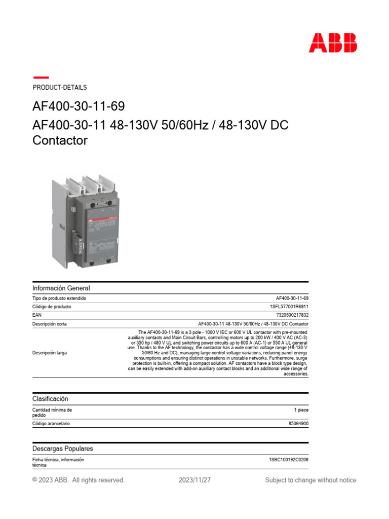 ABB CONTROL FICHA TECNICA CONTACTOR TRIPOLAR 400 BOBINA 48-130 VAC-DC ...
