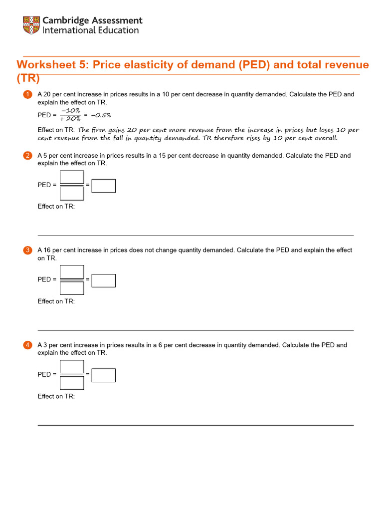 AO2 Worksheet 5 Price Elasticity of Demand (PED) and Total Revenue (TR ...