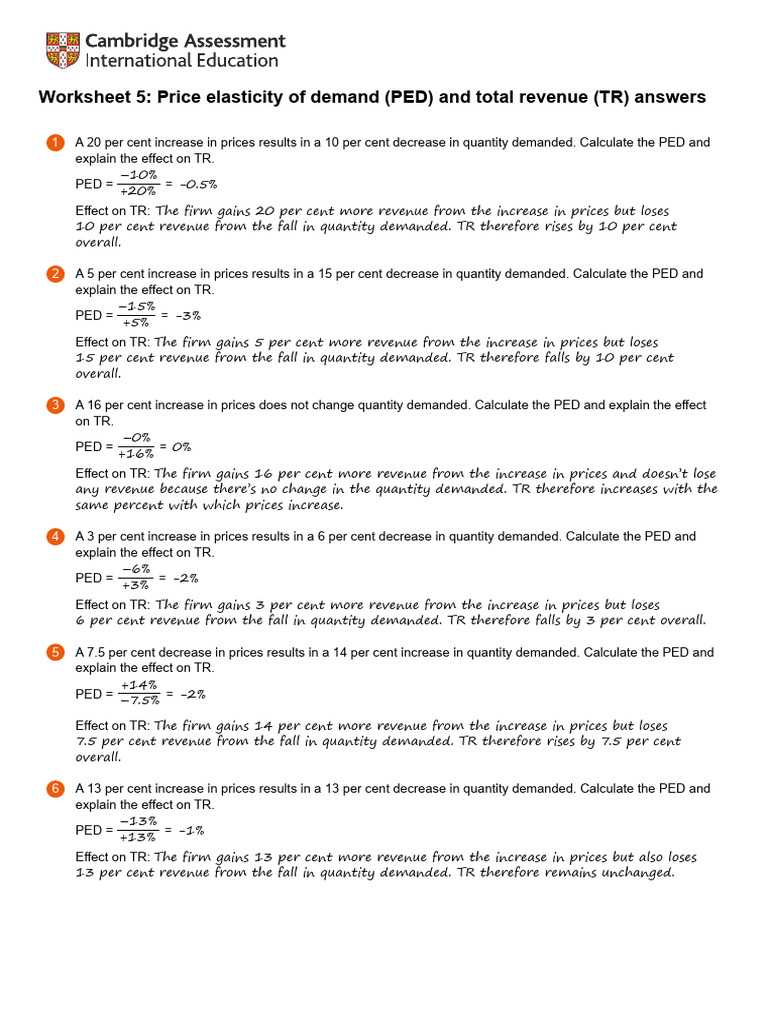 AO2 Worksheet 5 Price Elasticity of Demand (PED) and Total Revenue (TR) Answers-1 | PDF | Demand ...