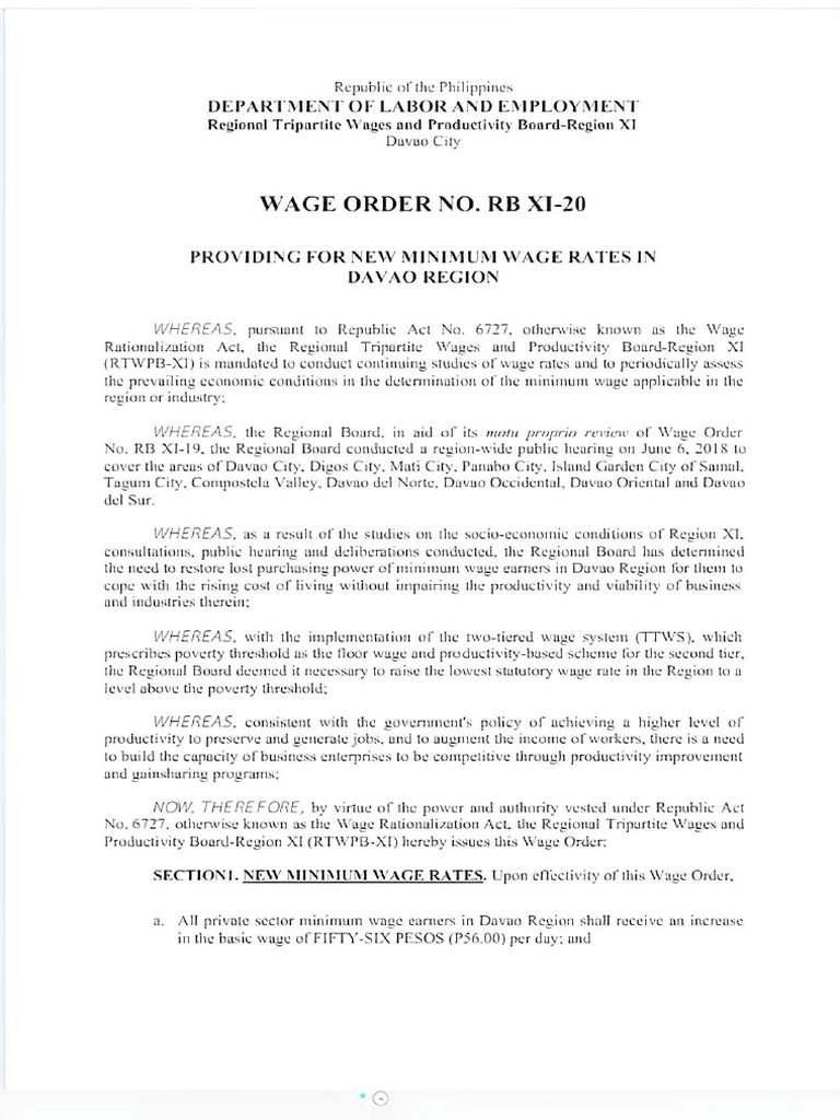 Wage Order No. Rbxi-20 | PDF