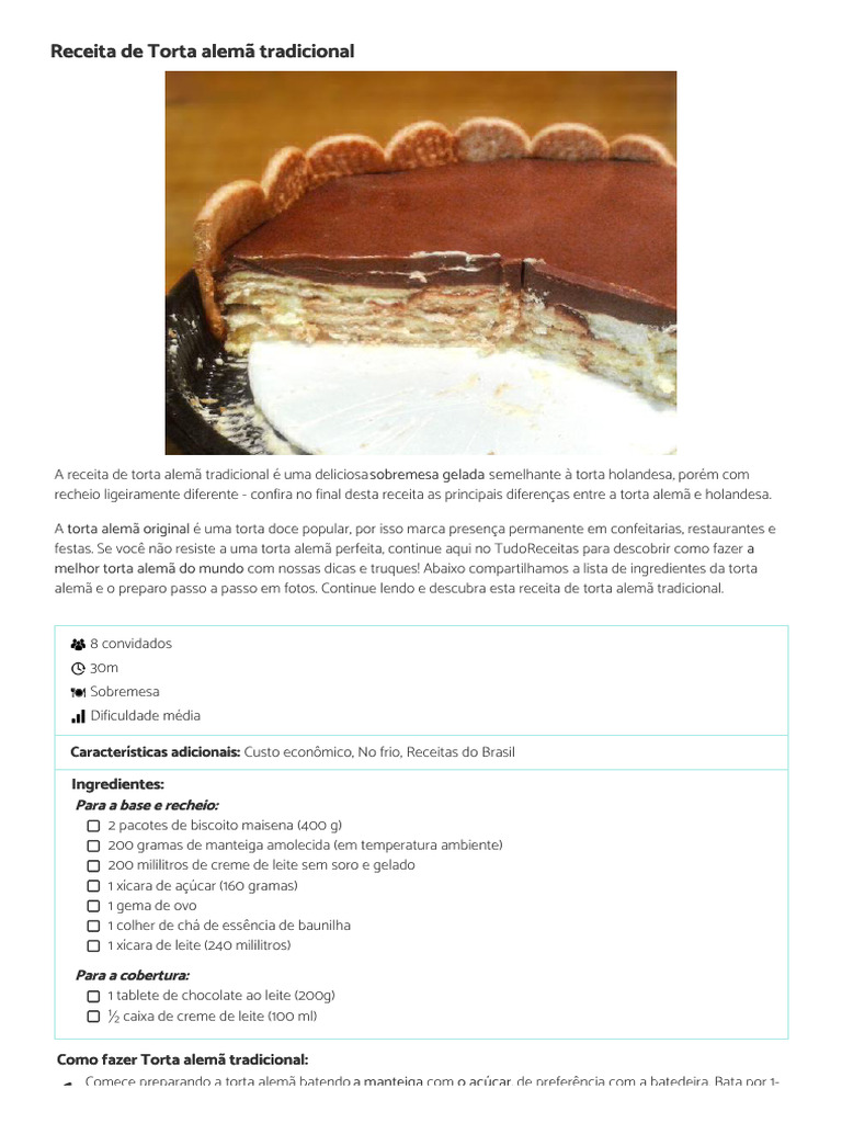 Receita de Torta Alemã Tradicional | PDF | Chocolate | Bolacha