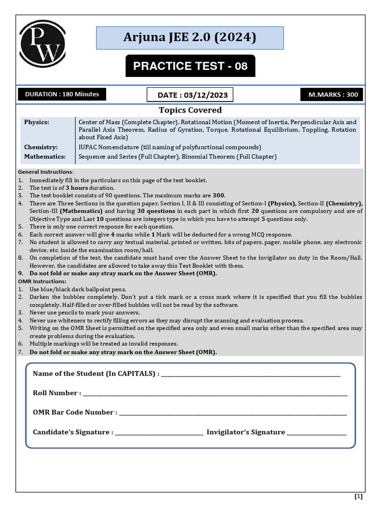 Practice Test 08 - Test Papers - Arjuna JEE 2.0 2024 | PDF | Sphere ...